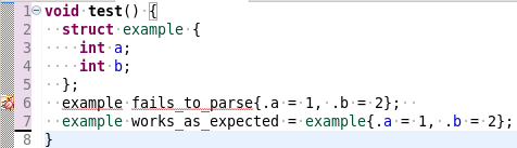 C++20 style designated initializers are not parsed correctly. · Issue #406 · eclipse-cdt/cdt ...