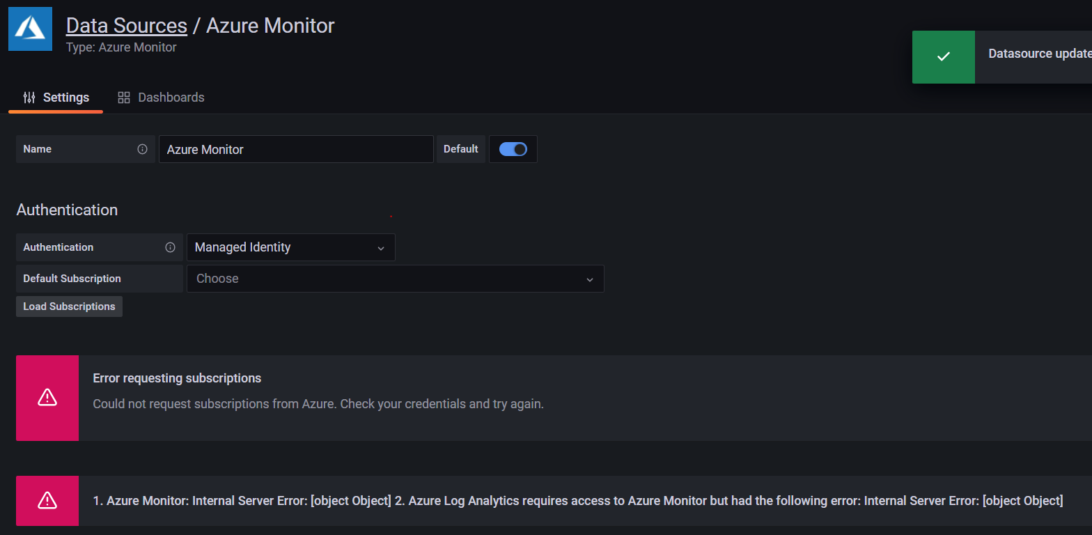 Azure Monitor datasource isnt working error "Azure Log Analytics requires access to Azure ...