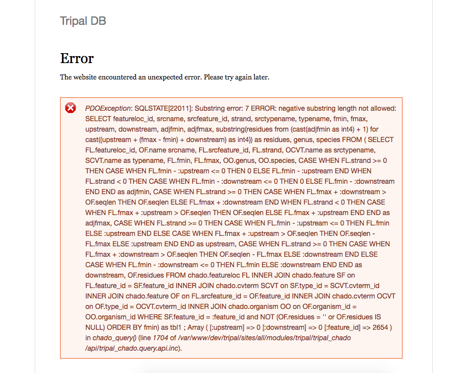 PDO Error on mRNA: negative substring length not allowed · Issue #706 · tripal/tripal · GitHub