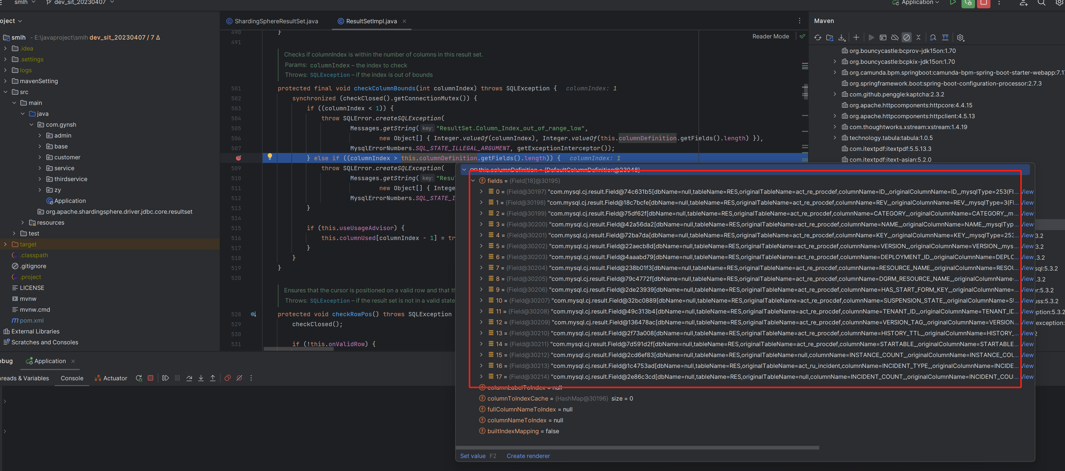 ShardingSphereResultSetUtil.createColumnLabelAndIndexMap There are more mapped fields than the ...