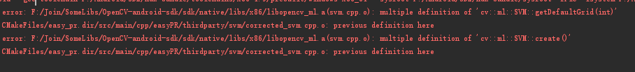 opencv3.2+easypr1.6 android编译，出现错误 multiple definition of 'cv::ml::SVM::getDefaultGrid(int ...