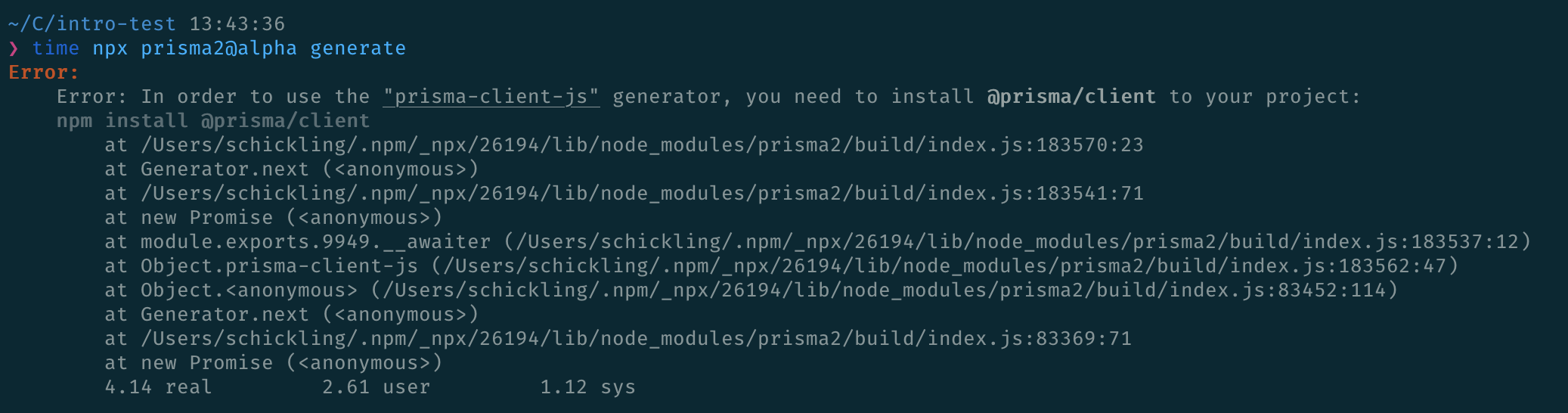 Improve formatting of missing generator error message · Issue #1362 · prisma/prisma · GitHub