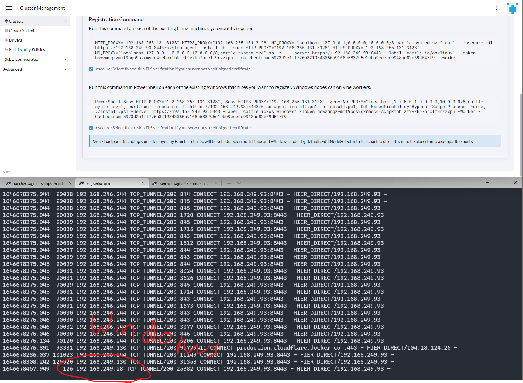 v2prov RKE2 clusters cannot be provisioned when using an egress proxy and setting Agent ...