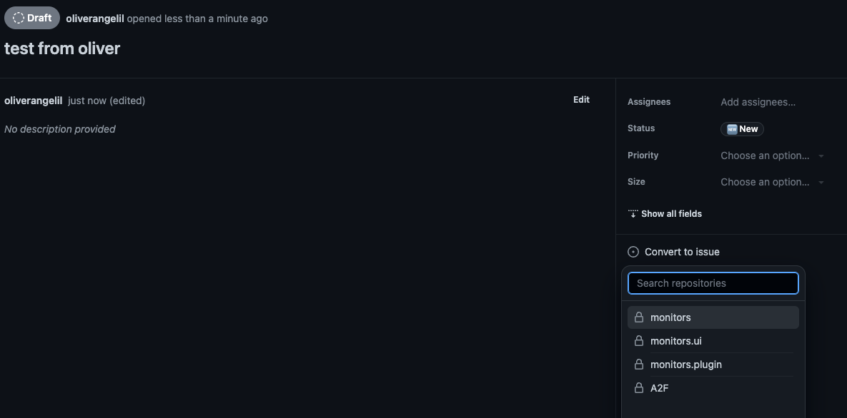 Converting Draft Issue To Issue Cannot See Repo While Other Users Can · Community 8930