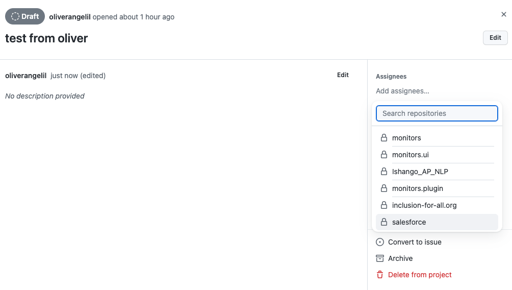 Converting Draft Issue to Issue - cannot see repo (while other users can) · community ...