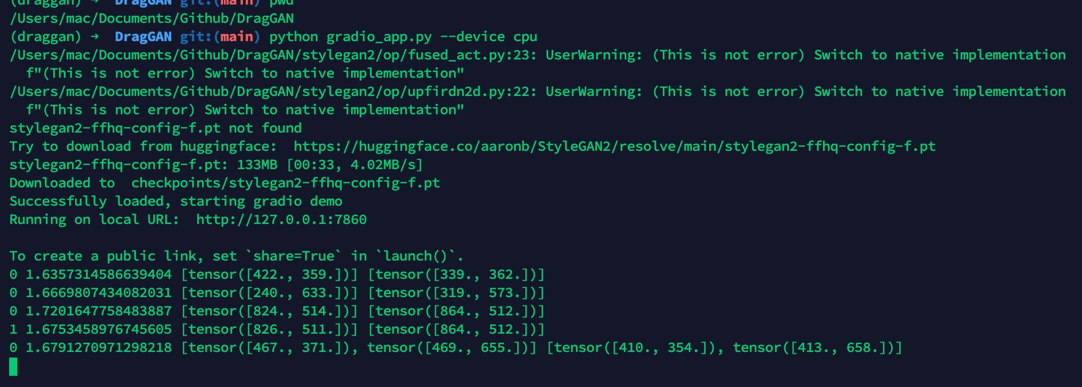 本地启动，页面操作选择起终点，点击“Drag it”后，报页面错误，后端程序没有错误信息 · Issue #67 · OpenGVLab/DragGAN · GitHub