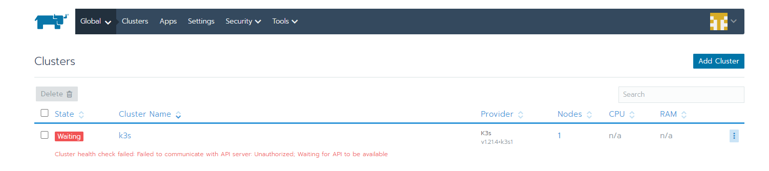 Cluster health check failed: Failed to communicate with API server: Unauthorized; Waiting for ...