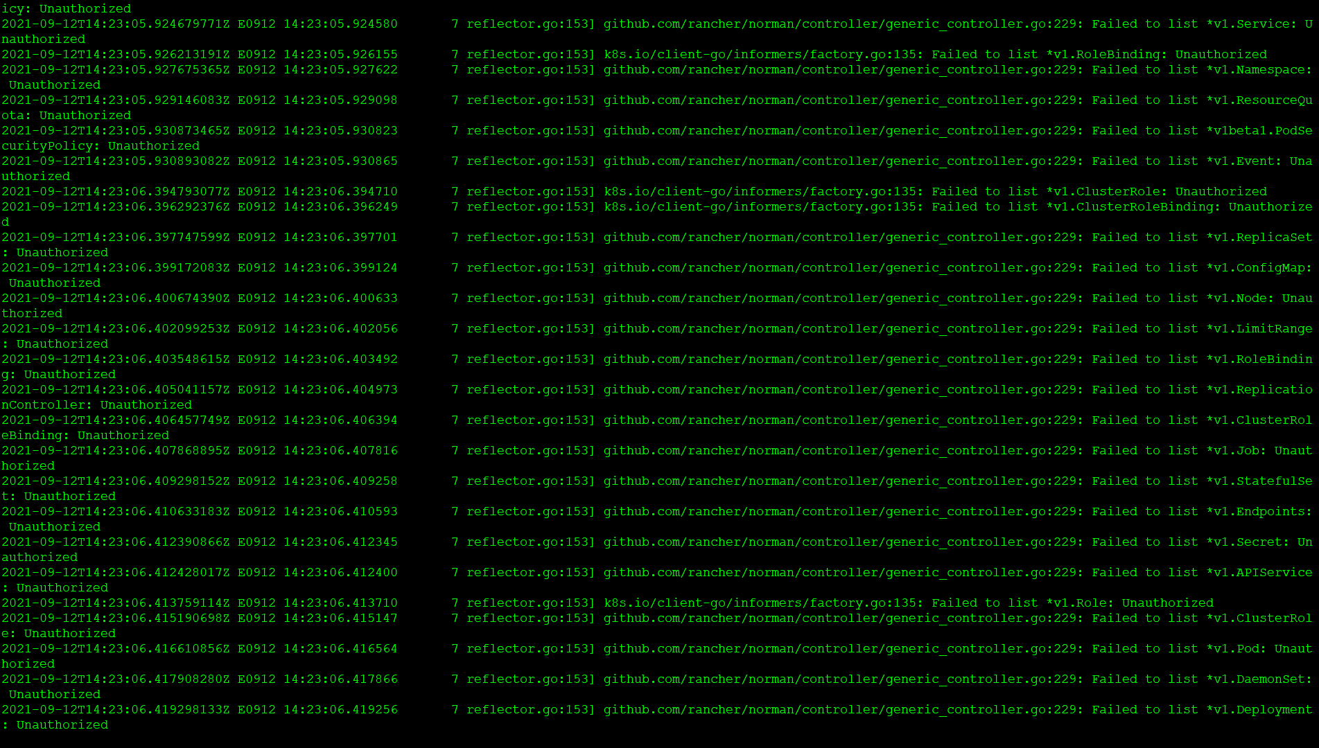 Cluster health check failed: Failed to communicate with API server: Unauthorized; Waiting for ...