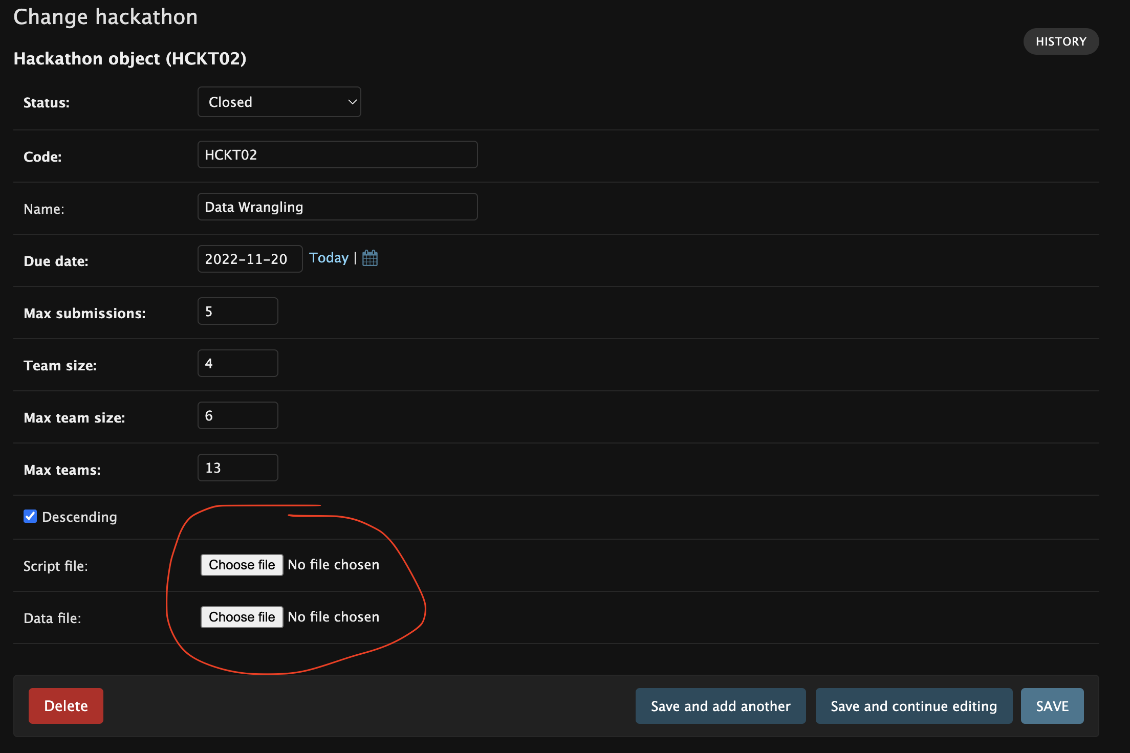 Submit data and score file buttons not working for the Hackathon admin object · Issue #248 ...