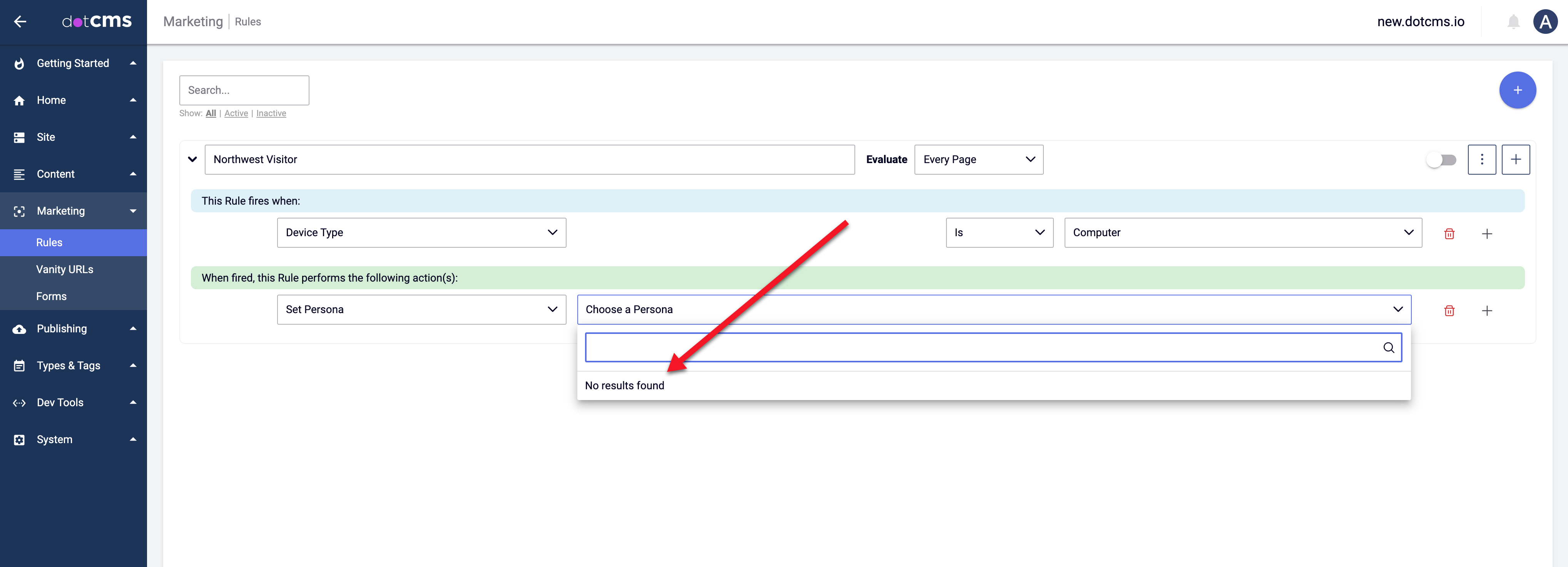 Set Persona Action in Rules Engine does not display the list of Personas · Issue #21049 · dotCMS ...
