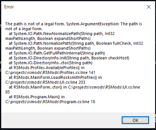 "The path is not of a legal form." error when opening the RSMods.exe · Issue #77 · Lovrom8 ...