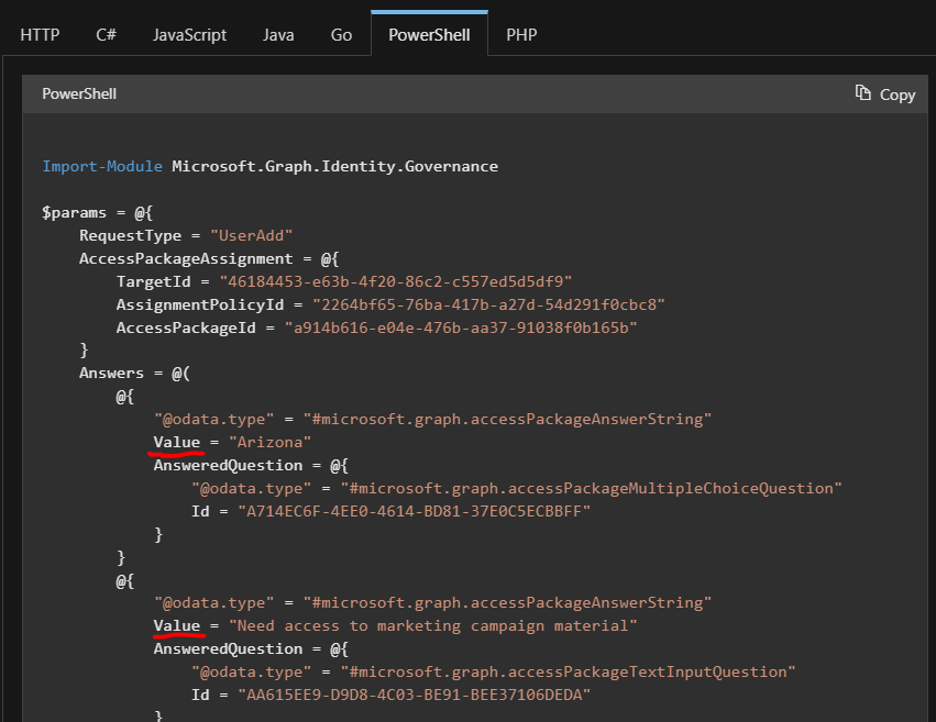 New-MgEntitlementManagementAccessPackageAssignmentRequest - case sensitivity issue with ...