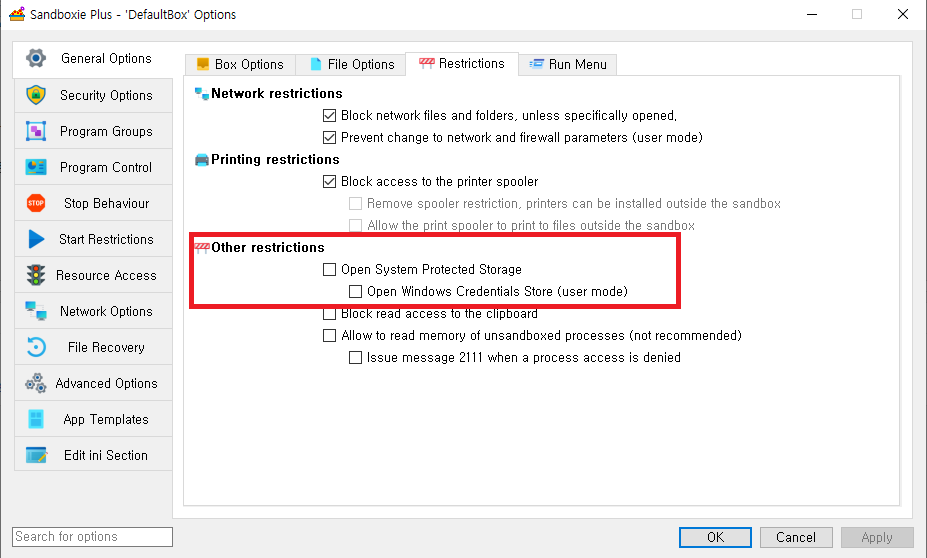 other restrictions and open system protected storage What menu is it ...