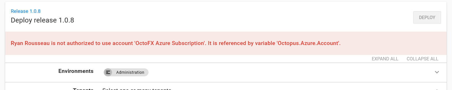 Cannot deploy to a tenant if the project has an account variable that is not used by the ...