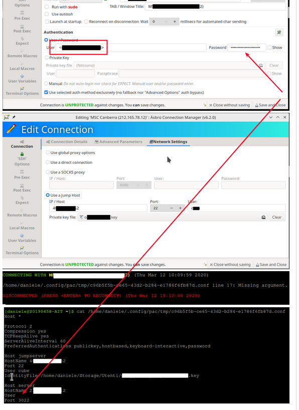 Jump Host Feature: unable to estabilish connection, Missing user name in temp ssh configuration ...