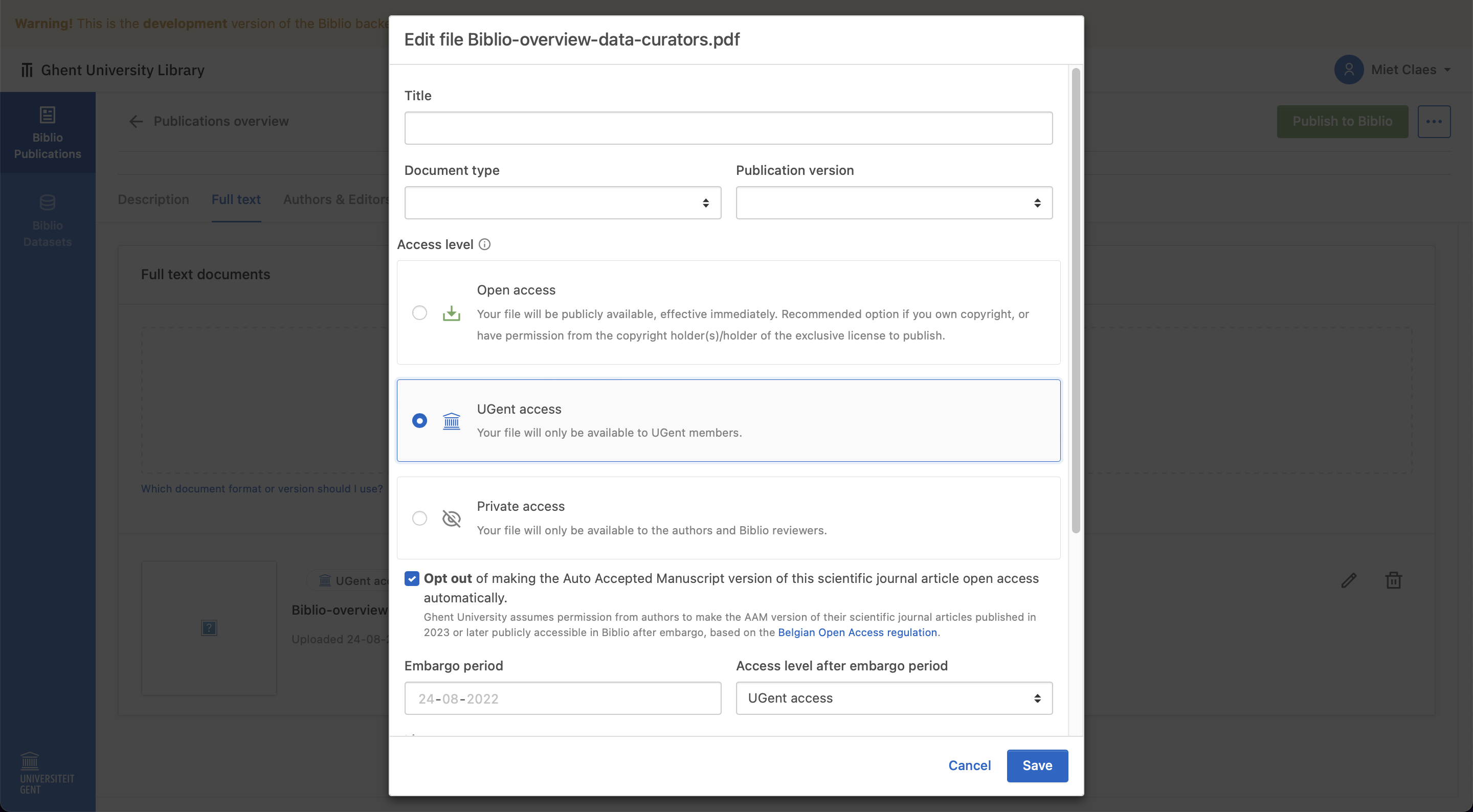 opt-out to open access check box · Issue #440 · ugent-library/biblio-backoffice · GitHub