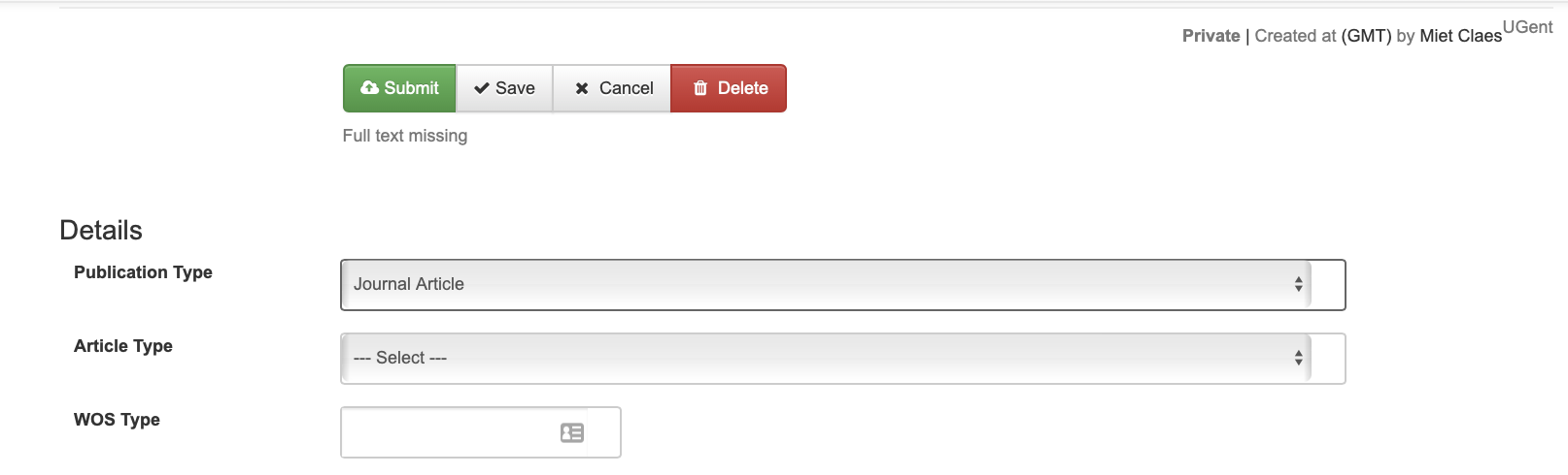 I can add or edit a WoS type when adding a publication manually or importing it via WoS, via DOI ...
