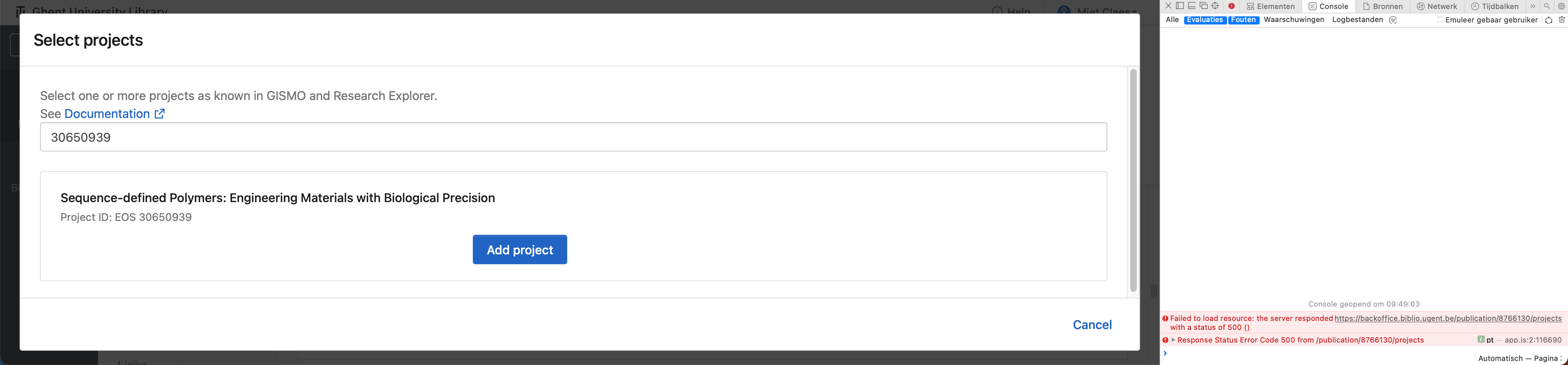 Cannot add project EOS 30650939 to record 8766130 · Issue #861 · ugent-library/biblio-backoffice ...