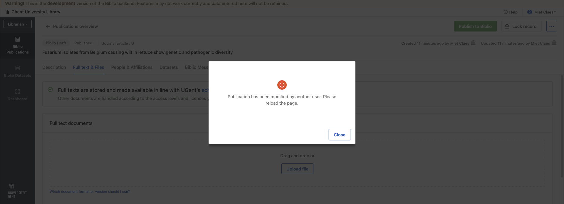 "Publication has been modified by another user. Please reload the page." keep appearing even if ...