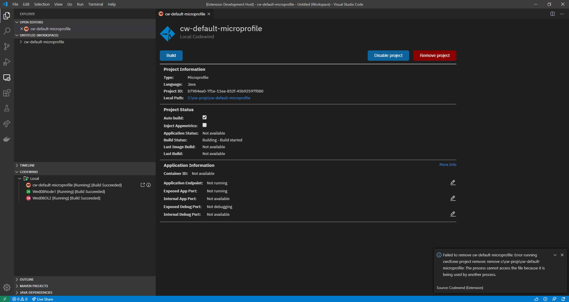 Svt Failed To Delete A Default Websphere Liberty Microprofile Project After Executing A Load