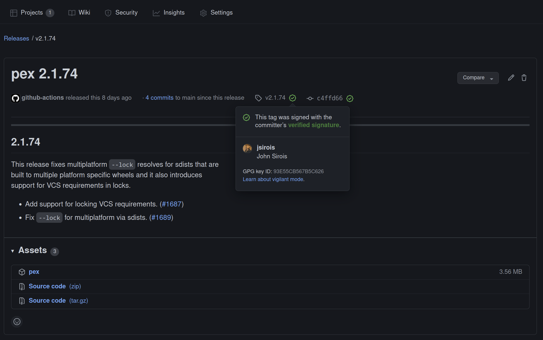 Release 2.1.75 tag not signed · Issue #1701 · pex-tool/pex · GitHub