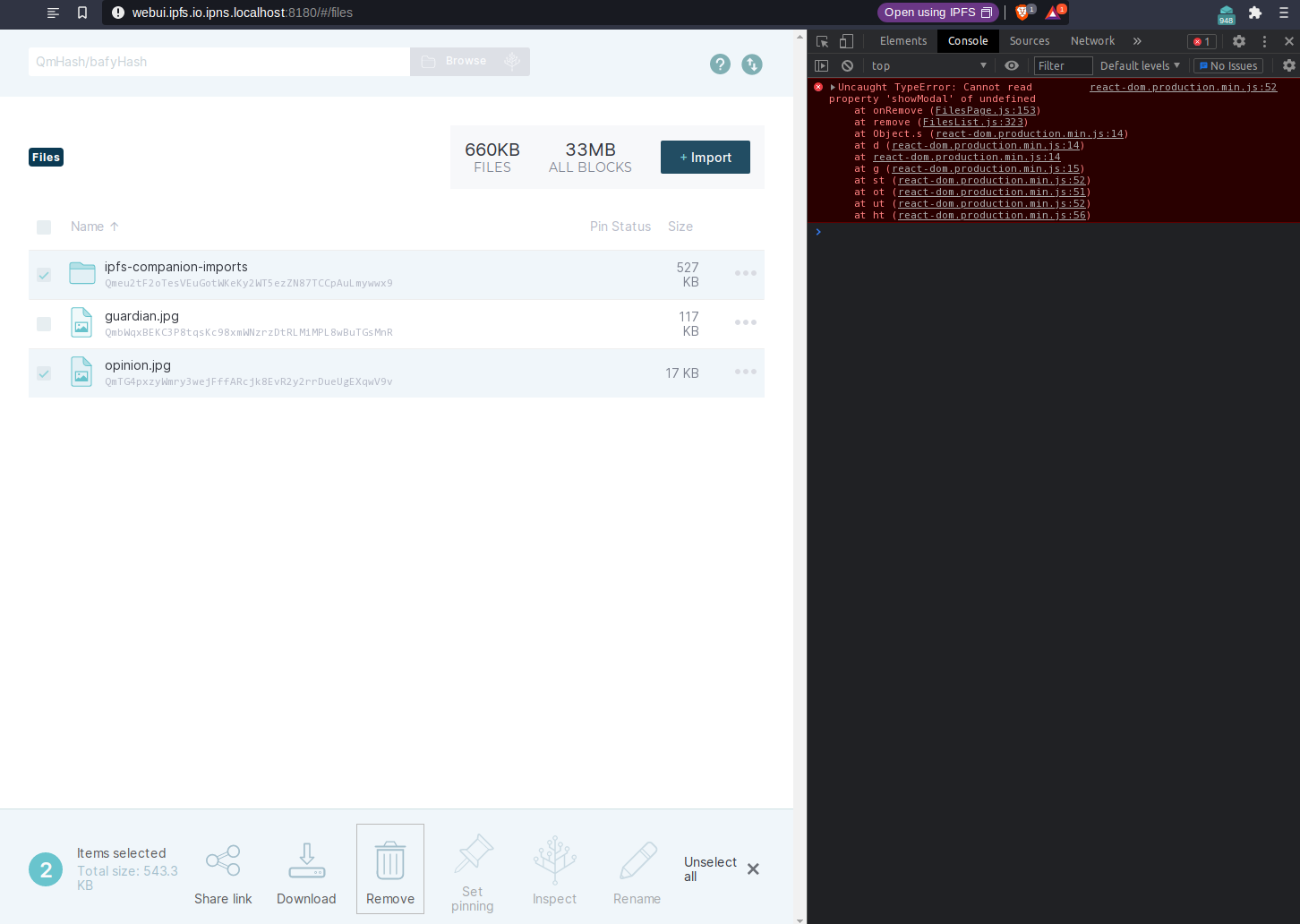Removing More Than One File Via Bottom Drawers Remove Does Not Work · Issue 1785 · Ipfsipfs