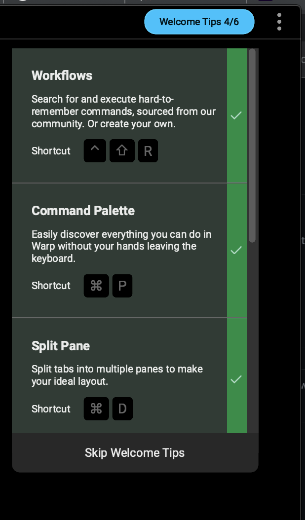 Welcome tips do not reflect custom shortcuts · Issue #1190 · warpdotdev/Warp · GitHub