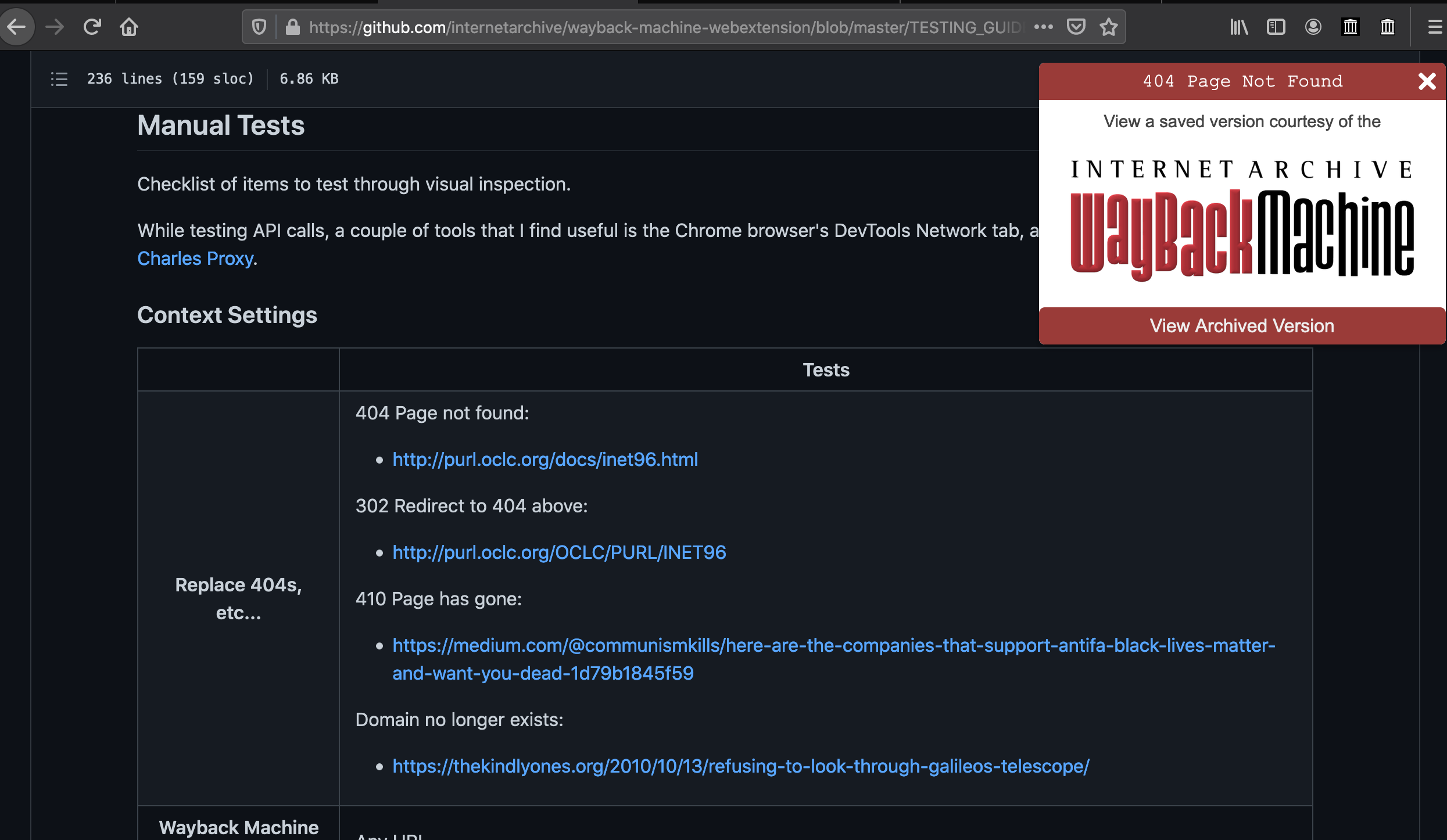 False 404 popup · Issue #748 · internetarchive/wayback-machine-webextension · GitHub