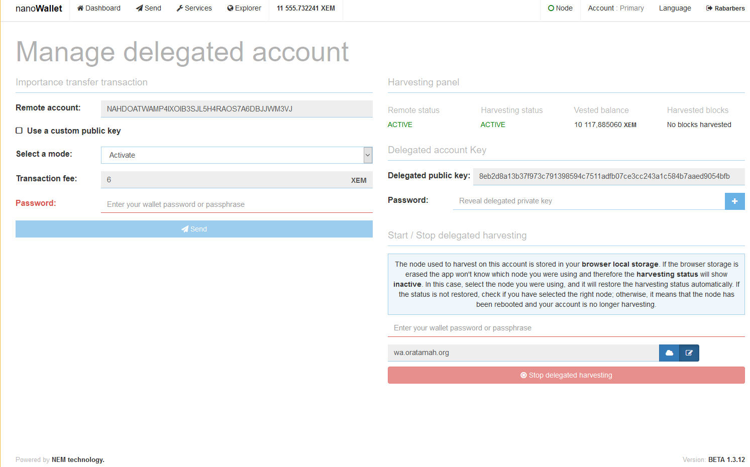 Delegated harvesting turns off when performing transaction and still having 10000 XEM · Issue ...