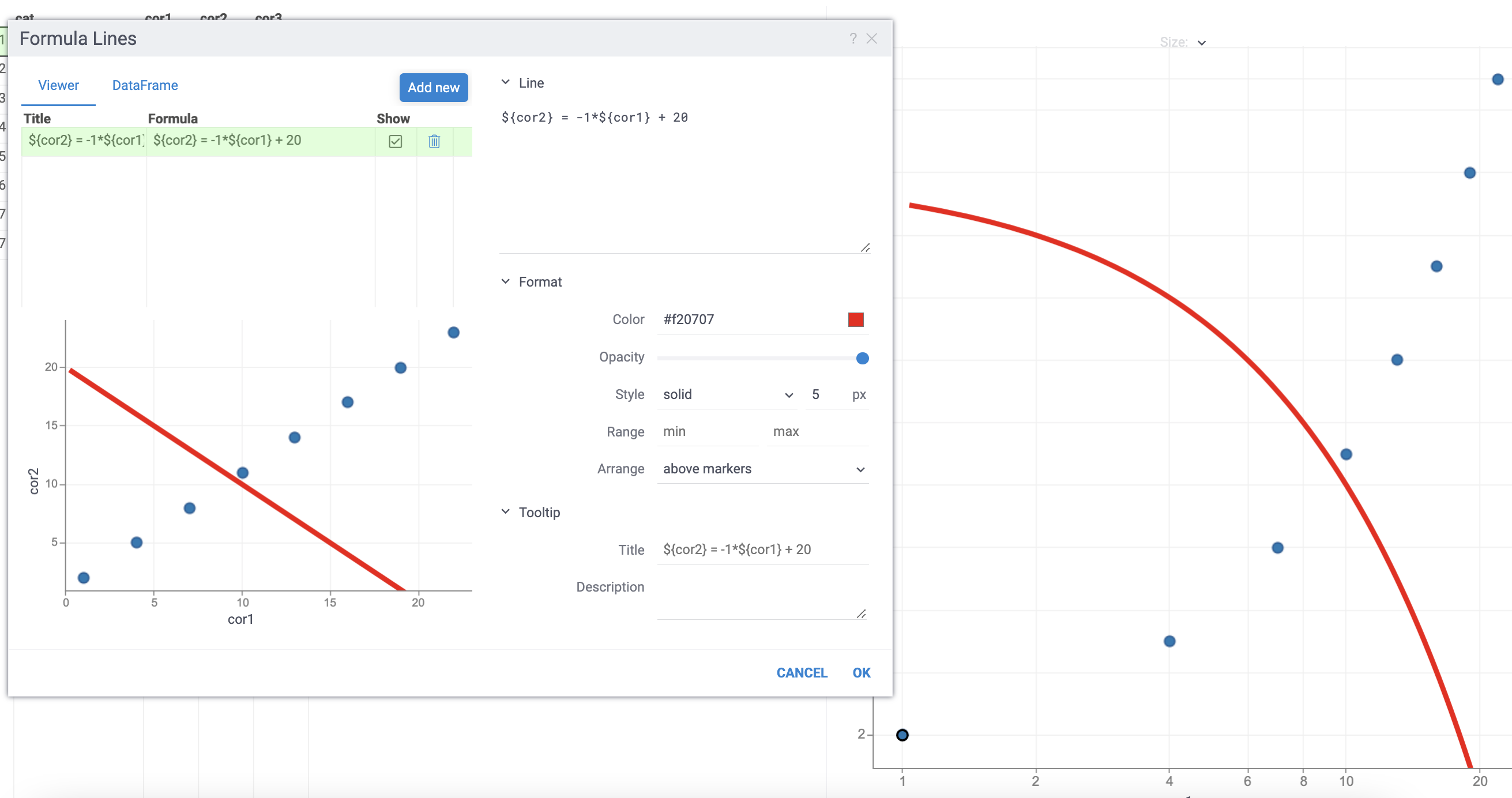#671: 'Formula lines' dialog preview is not updated if scatter plot configuration is changed ...