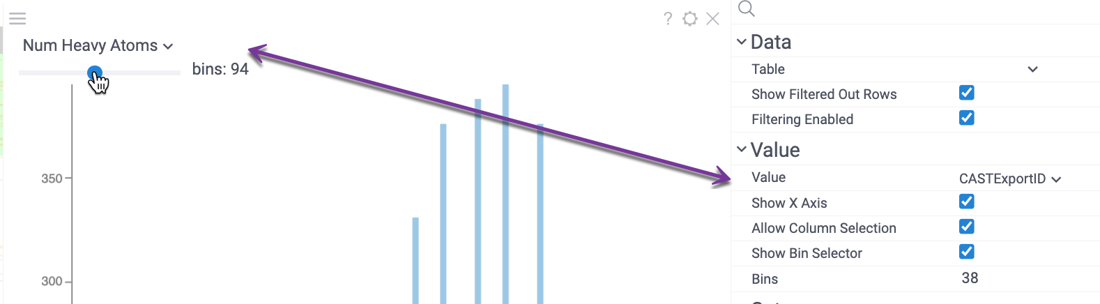 Histogram: number of bins and selected column is not synched between in-plot controls and ...
