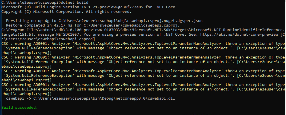With SDK 3.0 Preview4, it will return CSC warning AD0001 when run dotnet build for webapi ...
