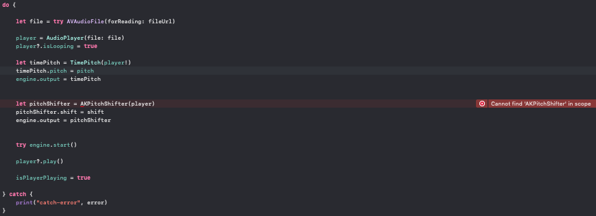 Cannot find 'AKPitchShifter' in AudioKit v5.4.4 · Issue #2760 · AudioKit/AudioKit · GitHub