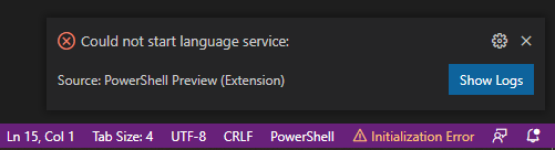 PowerShell Integrated Console does't start: Running the contributed command: 'PowerShell ...