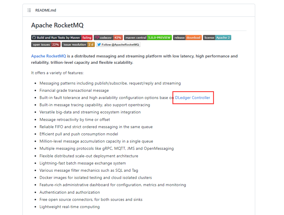 Fix README.md `DLedger Controller` link url incorrect · Issue #6069 · apache/rocketmq · GitHub