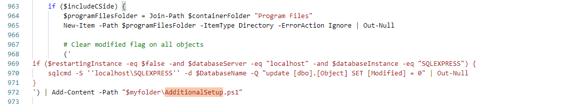 New-NavContainer run into a with option IncludeCSide and added AdditionalSetup.ps1 by folders ...