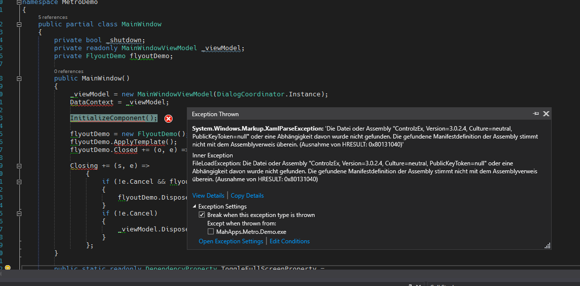 Build fail when running the demo application "MahApps.Metro.Demo" - Could not load file or ...