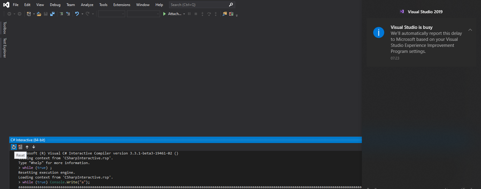 Interactive Window editor hangs when code outputs very long line ...