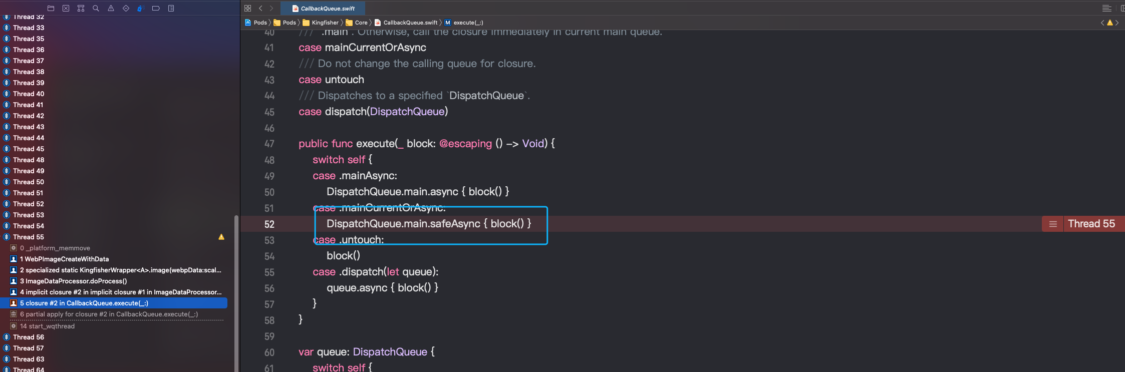 喵神，我发现了一个crash 帮忙看下，堆栈信息如图，#5 0x0000000102c19a4c in closure #2 in CallbackQueue.execute(_:) at ...