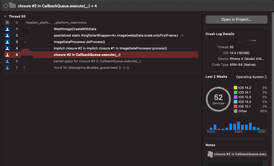喵神，我发现了一个crash 帮忙看下，堆栈信息如图，#5 0x0000000102c19a4c in closure #2 in CallbackQueue.execute(_:) at ...