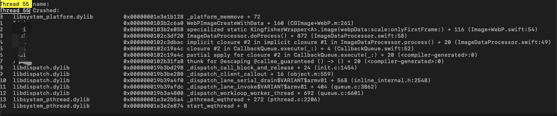 喵神，我发现了一个crash 帮忙看下，堆栈信息如图，#5 0x0000000102c19a4c in closure #2 in CallbackQueue.execute(_:) at ...
