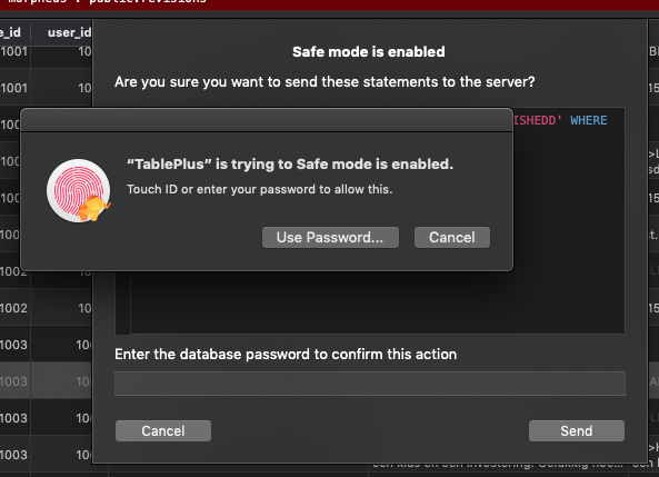 [Feauture Request] Authenticate safe mode with Touch ID · Issue #851 · TablePlus/TablePlus · GitHub