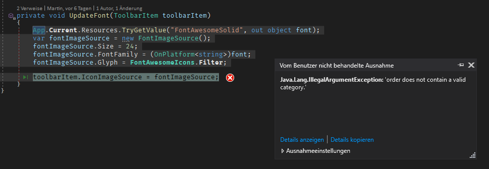 Java.Lang.IllegalArgumentException: 'order does not contain a valid category.' after Xamarin ...