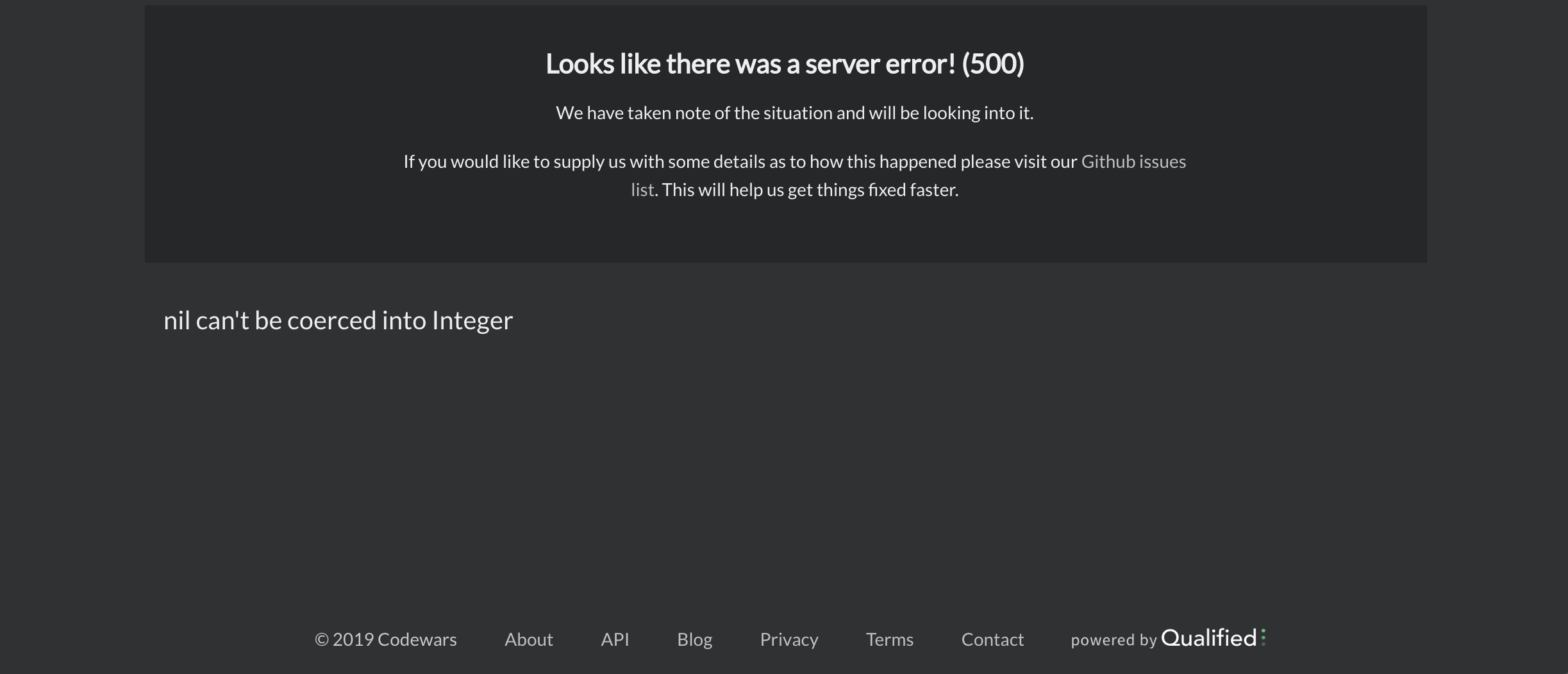 Getting 500 on kata pages loading · Issue #1332 · codewars/codewars.com · GitHub