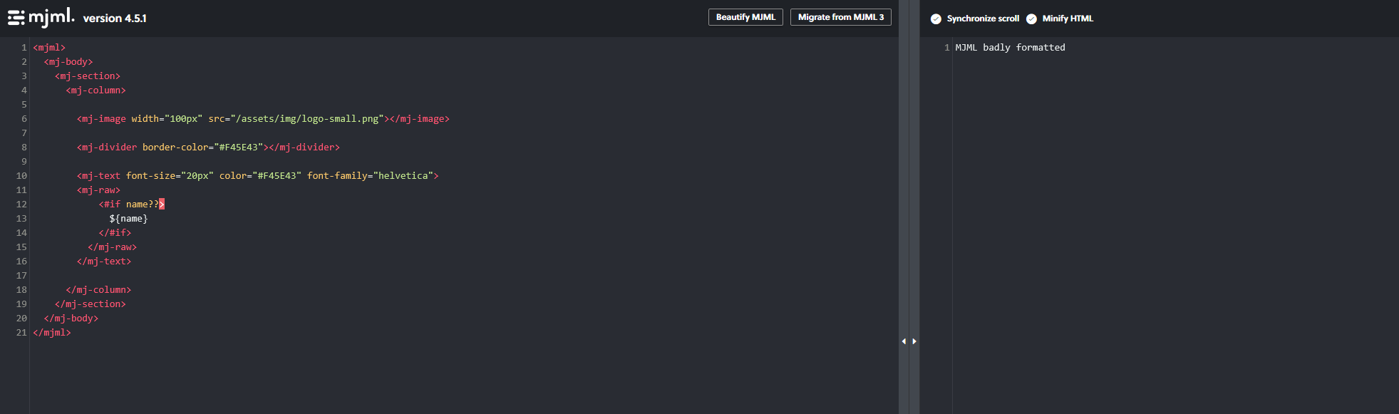 mj-raw issue with elements html of freemarker when minify html · Issue #1756 · mjmlio/mjml · GitHub