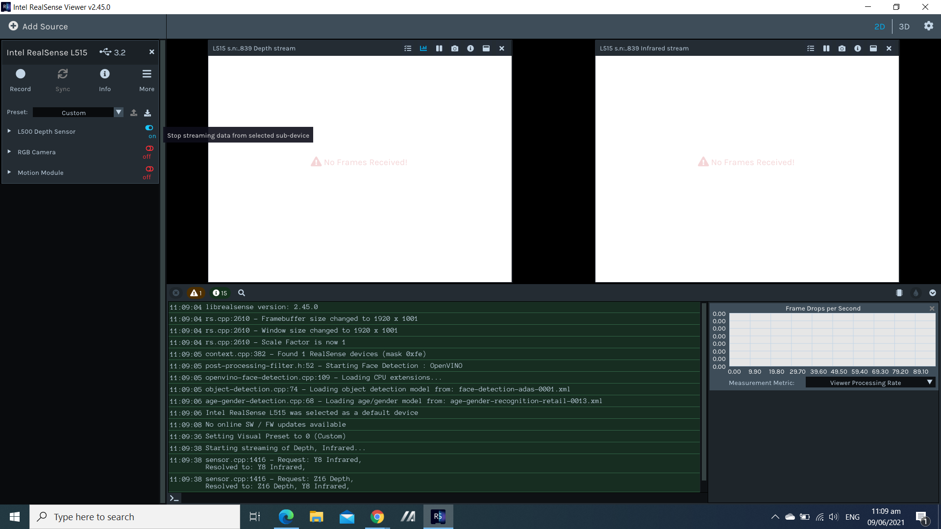 L515 Intel Real Sense Viewer Depth Sensing - No stream available when depth module is enabled ...