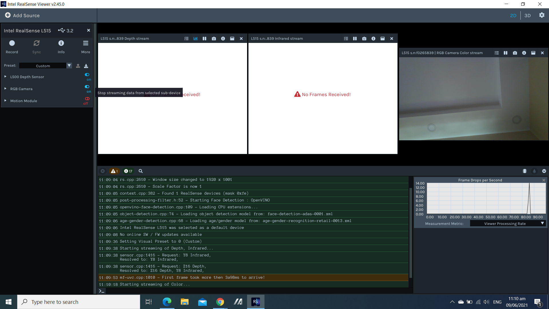 L515 Intel Real Sense Viewer Depth Sensing - No stream available when depth module is enabled ...