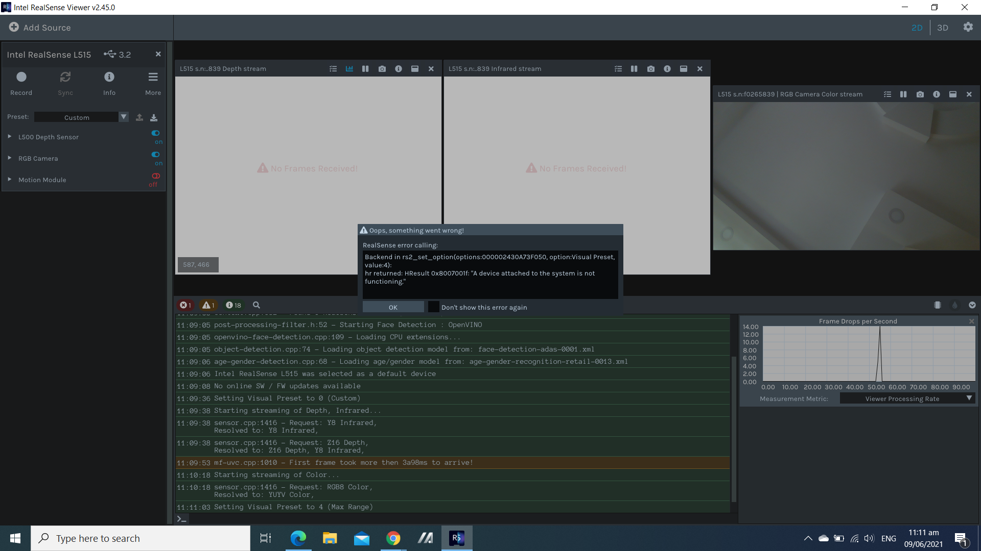 L515 Intel Real Sense Viewer Depth Sensing - No stream available when depth module is enabled ...