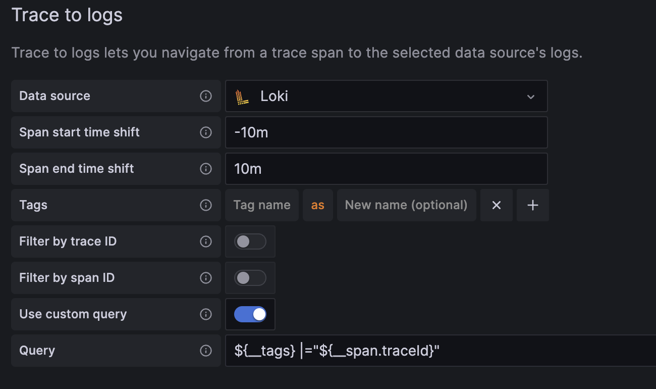 Trace to log custom query not working in provisioning file · Issue #64659 · grafana/grafana · GitHub