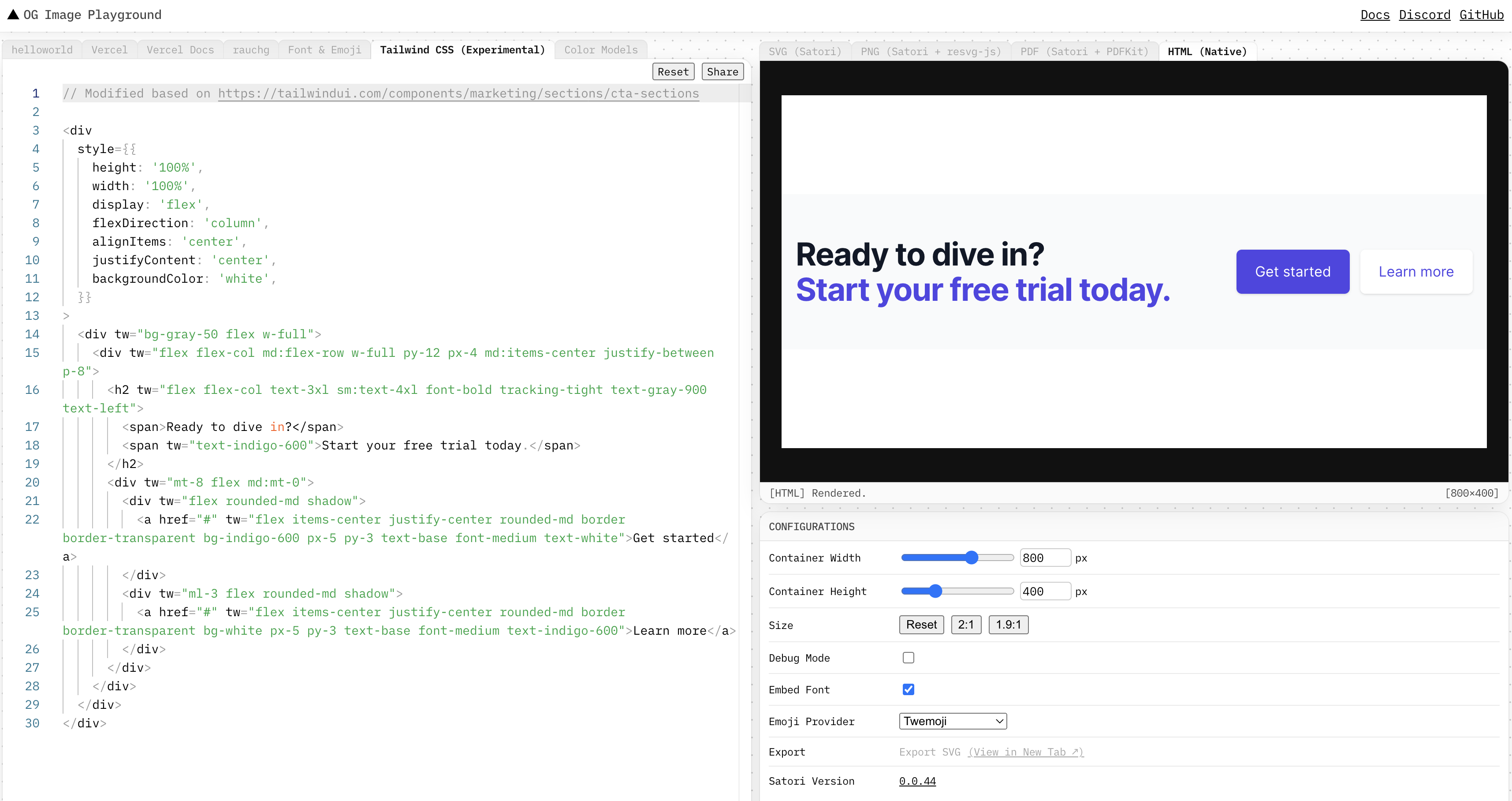 HTML example looks broken in Playground: Tailwind CSS. · Issue #167 · vercel/satori · GitHub